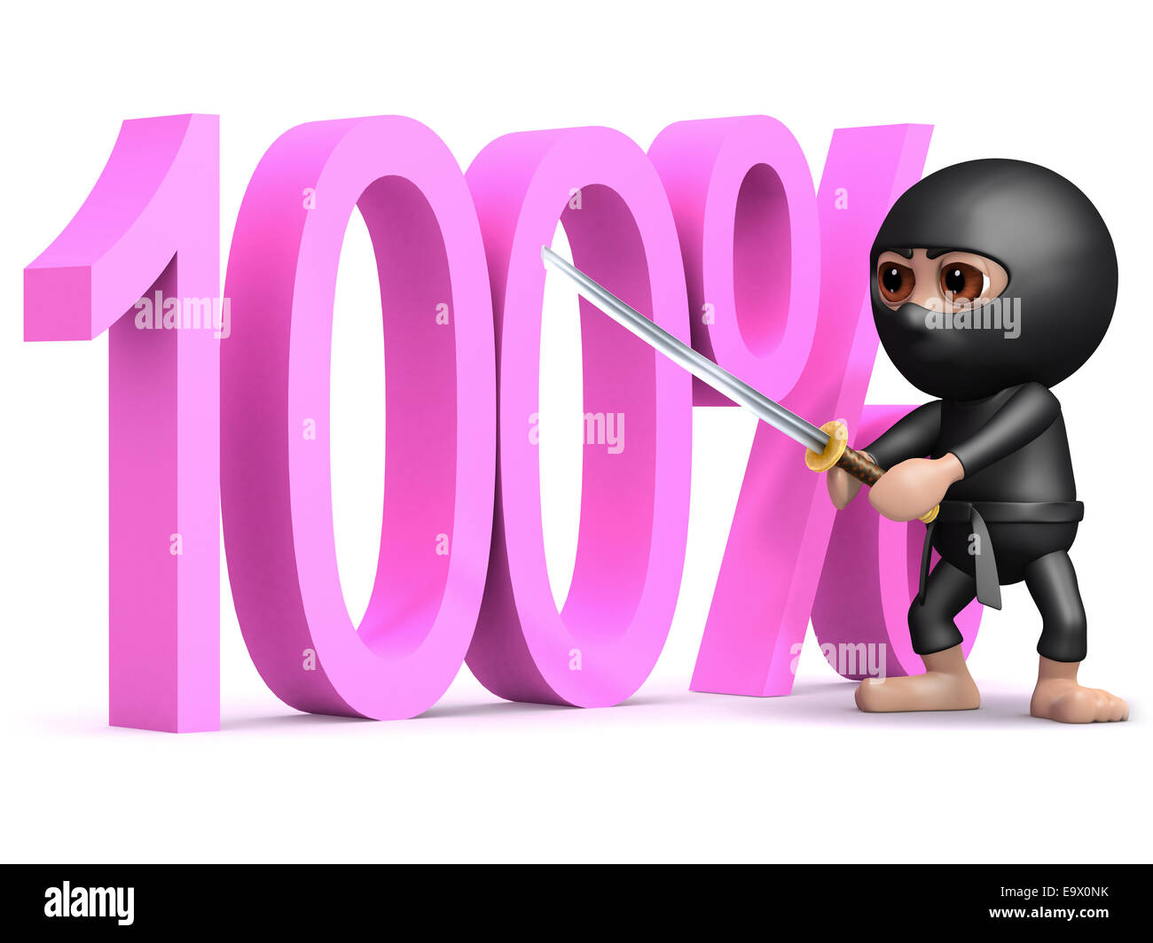 3d render of a ninja with sword drawn next to a sign saying one hundred ...