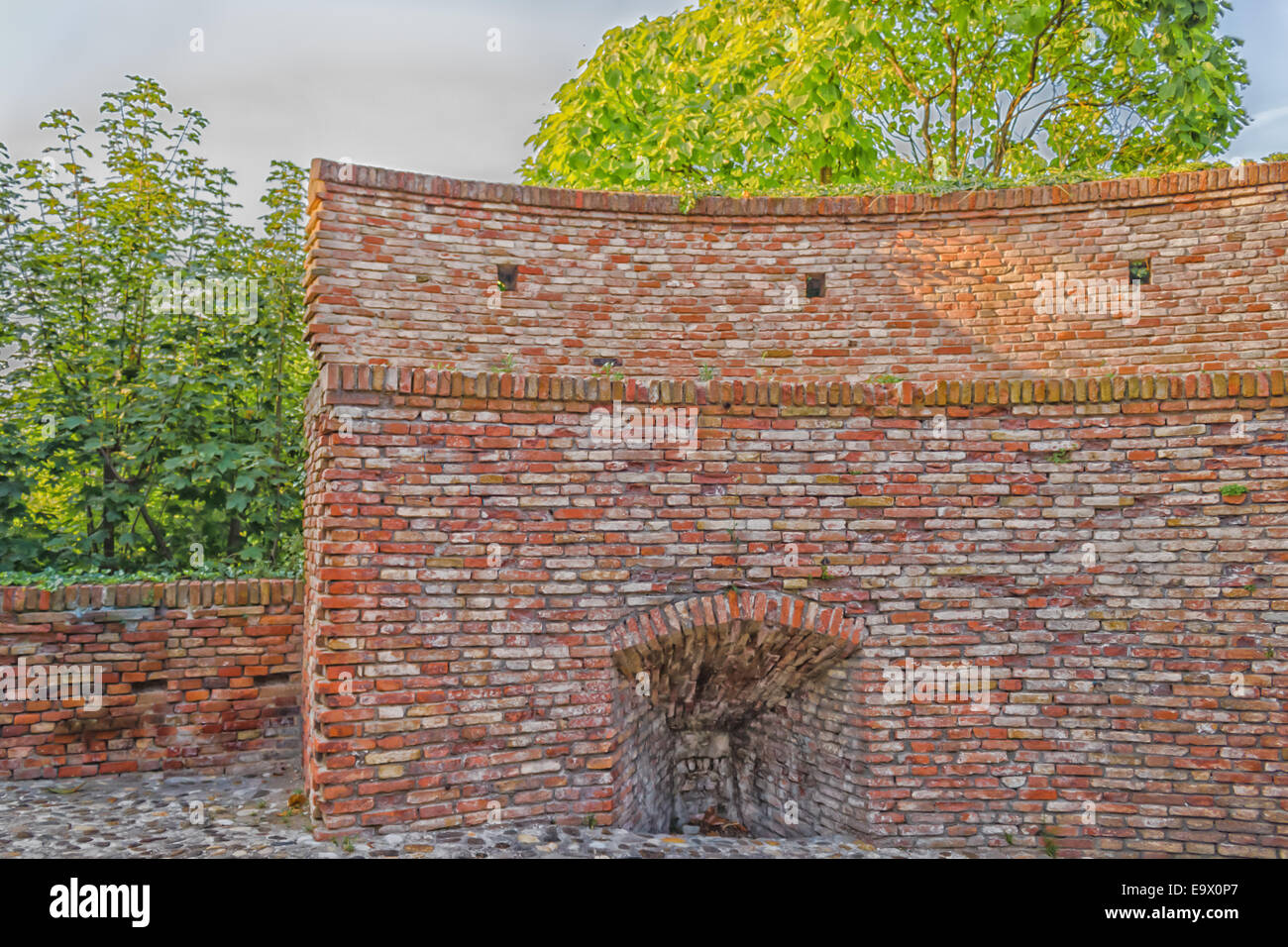 The medieval brick walls of the small village of Dozza near Bologna in ...