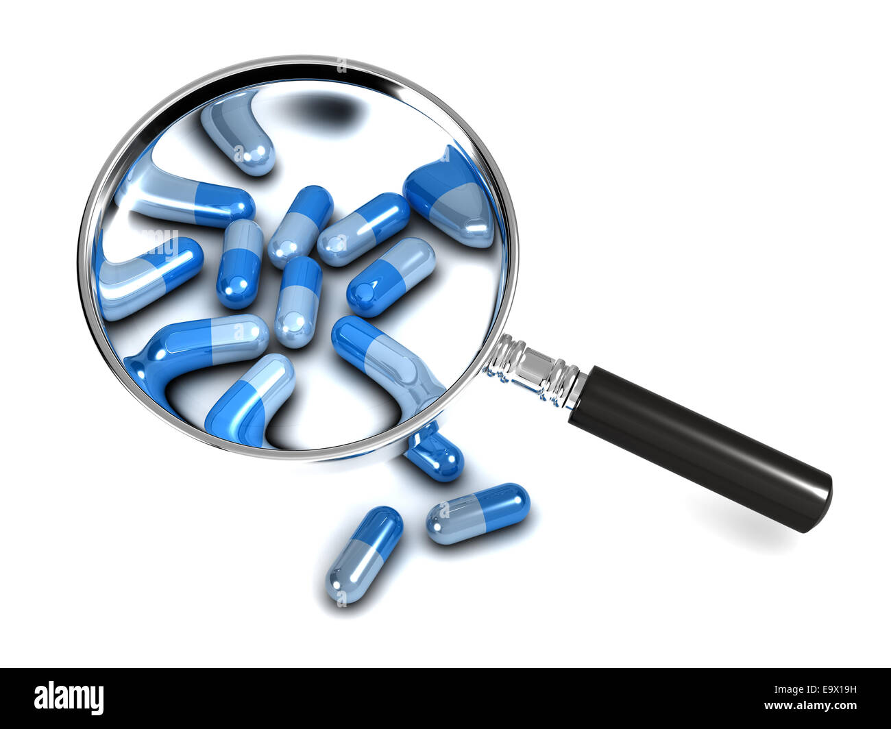 3d render of pill capsules under a magnifying glass Stock Photo - Alamy