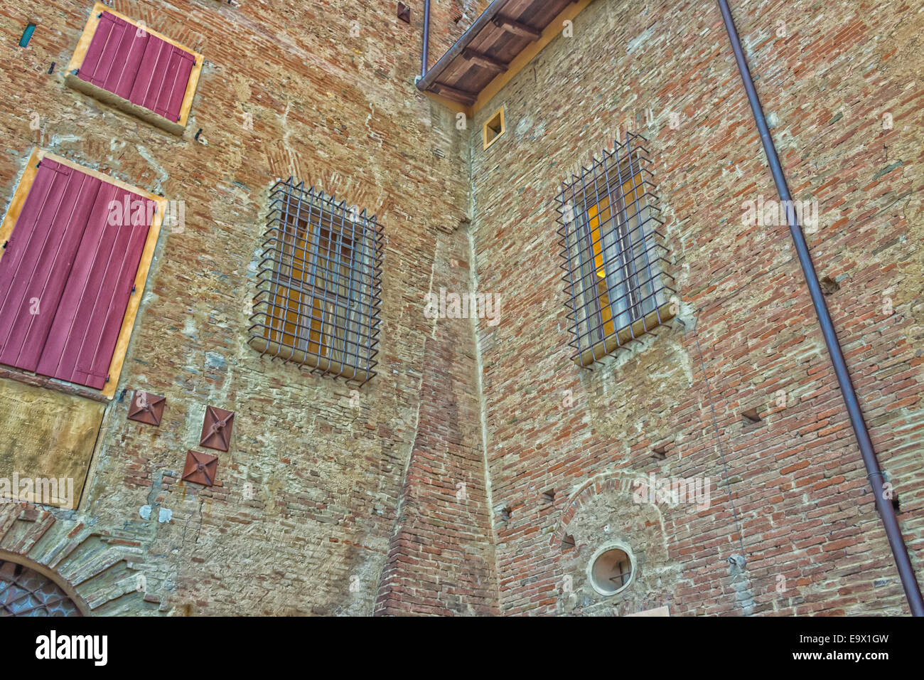 The medieval brick walls of the small village of Dozza near Bologna in ...