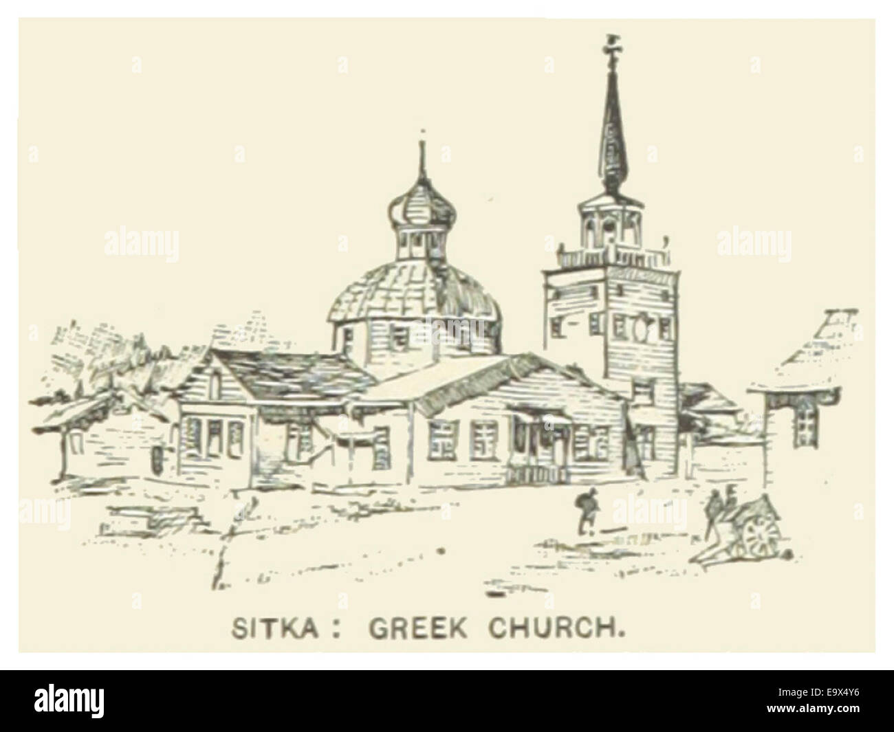 This 1891 illustration depicts the Greek Church in Sitka, Alaska, a ...