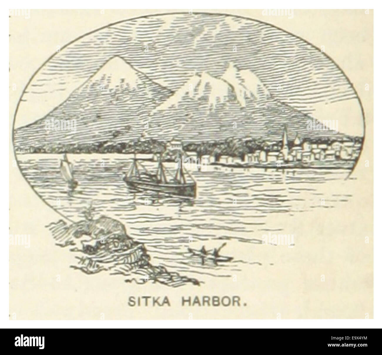 This 1891 illustration depicts Sitka Harbor in Alaska, capturing the ...