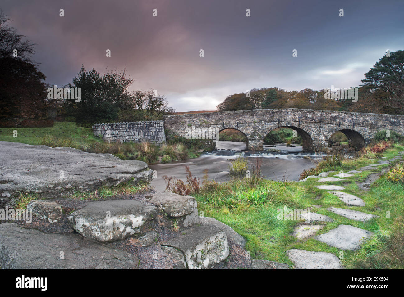 Clapper Bridge at Postbridge on the East Dart River. Dartmoor National ...