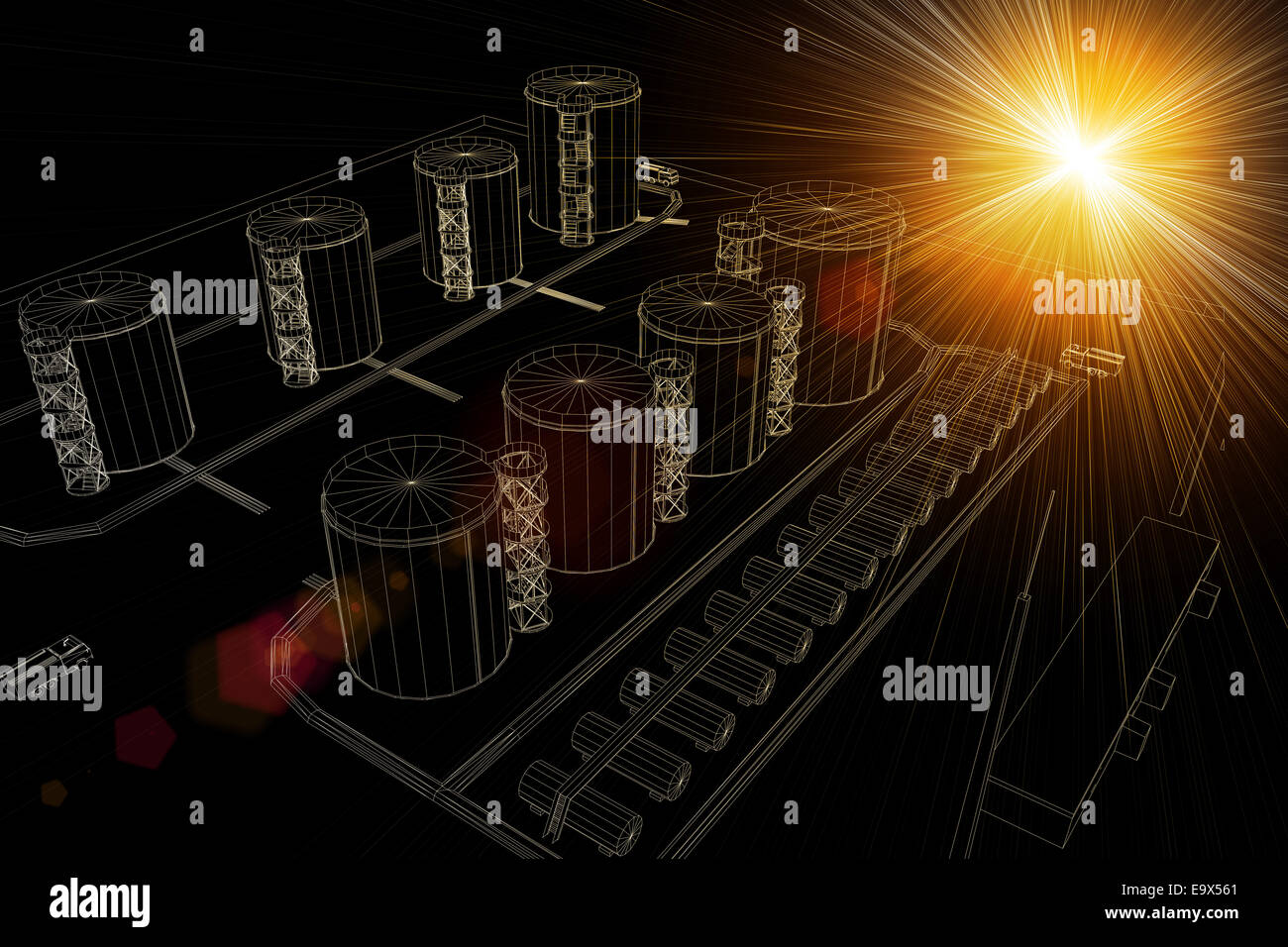 Wire-frame industrial tanks with light on dark background Stock Photo ...