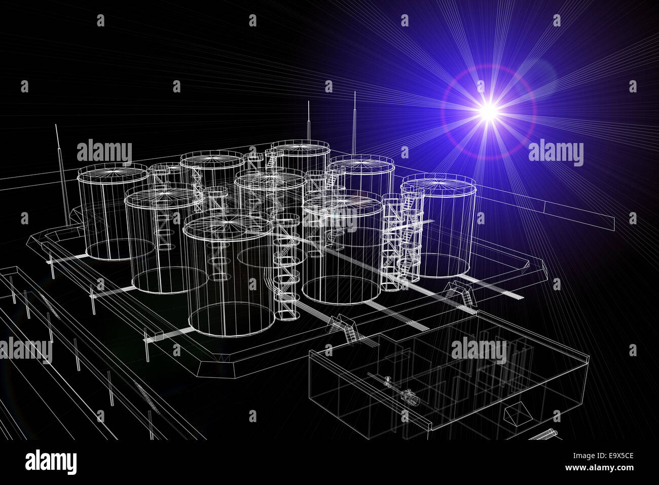 Wire-frame industrial tanks with light on dark background Stock Photo ...