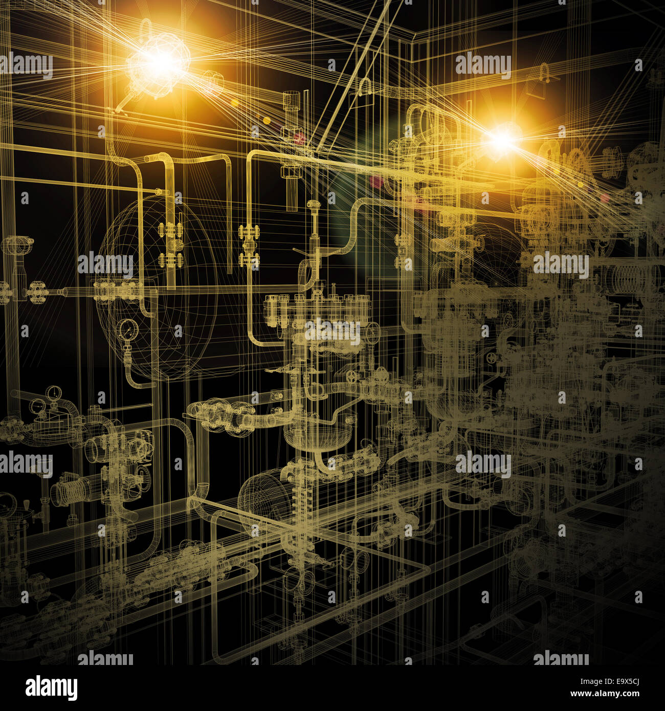 Wire-frame industrial equipment. Bright light and dark background Stock ...