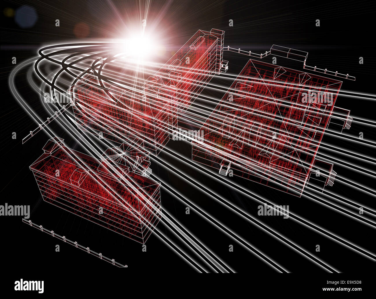 Wire-frame buildings with light on dark background Stock Photo - Alamy