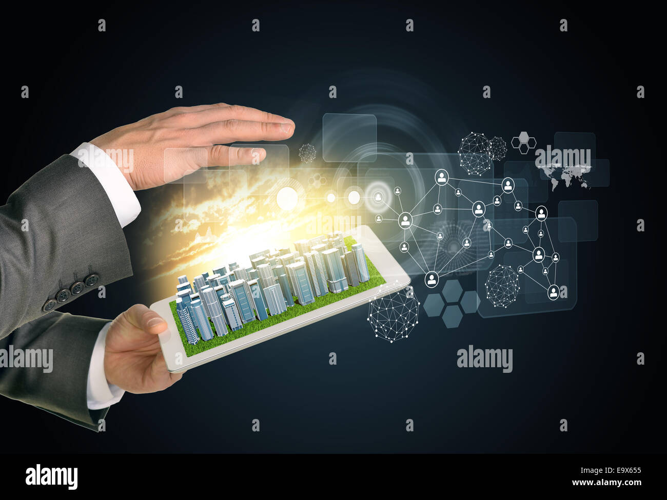 Man hands using tablet pc. Business city on touch screen. Network near ...
