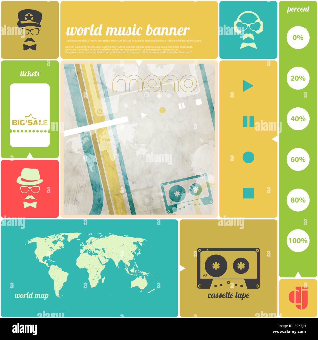 music infographics banner with cassette tape icon, world map, poster ...