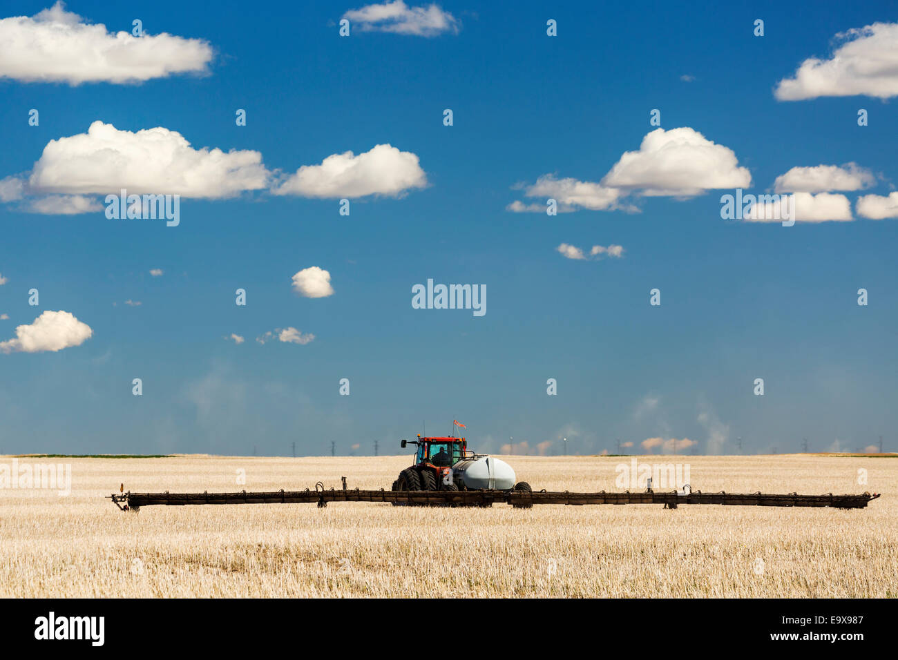 Tractor in stubble field spraying with blue sky and clouds; Nanton ...