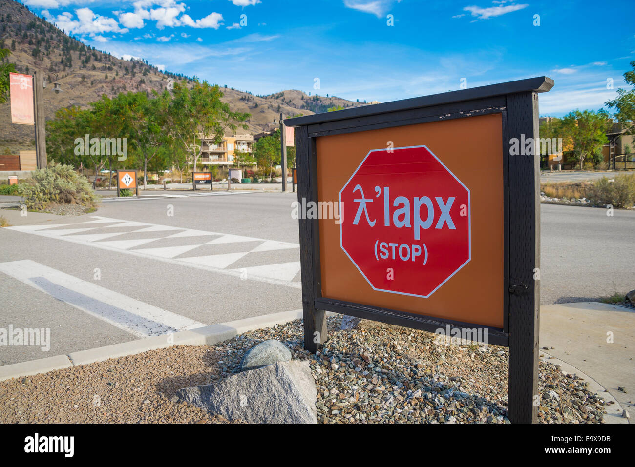 Bilingual stop sign. English and Okanagan Nation (Syilx)). The Nk’mip ...