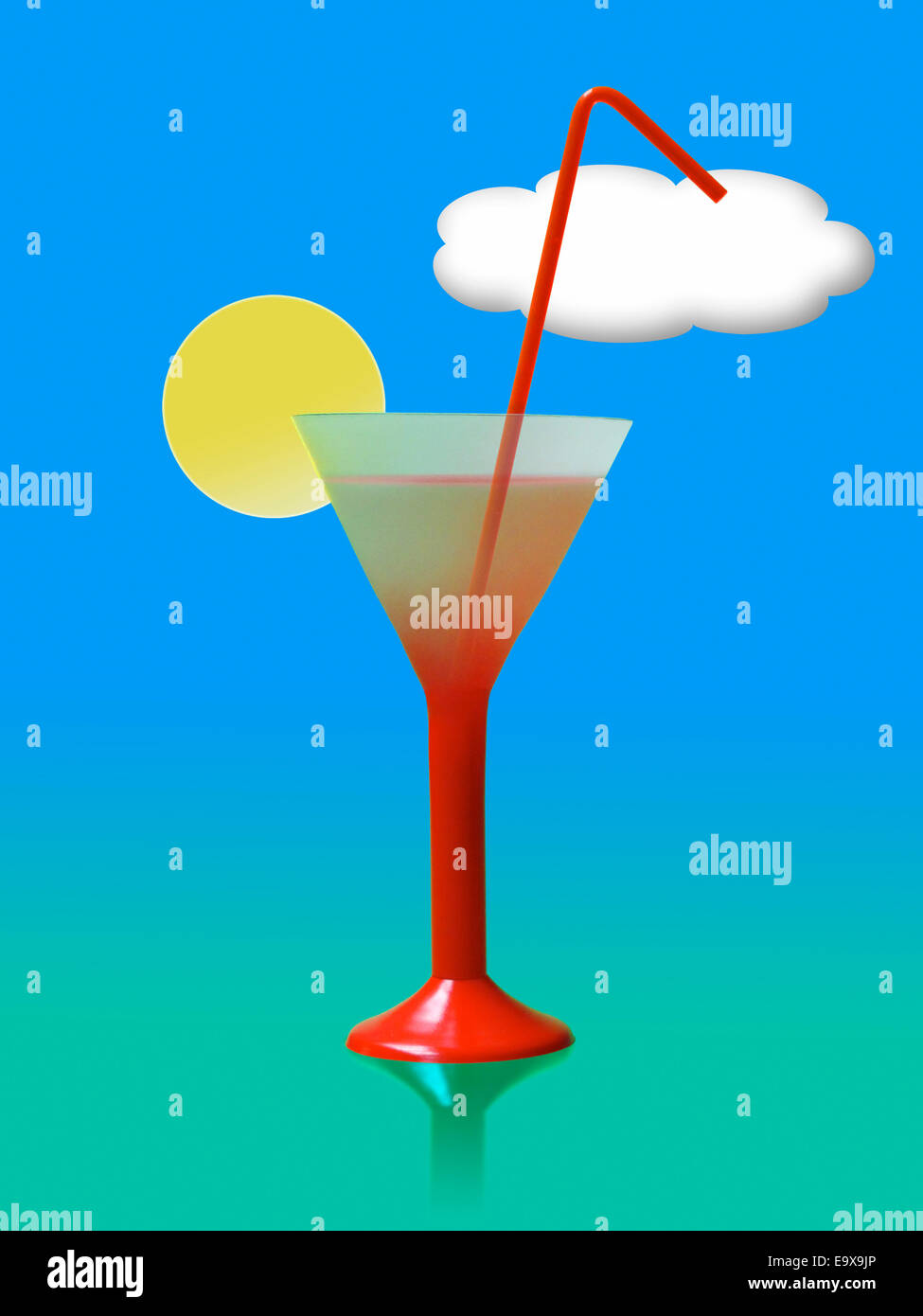 A cocktail glass with straw and a slice standing on a blue background ...