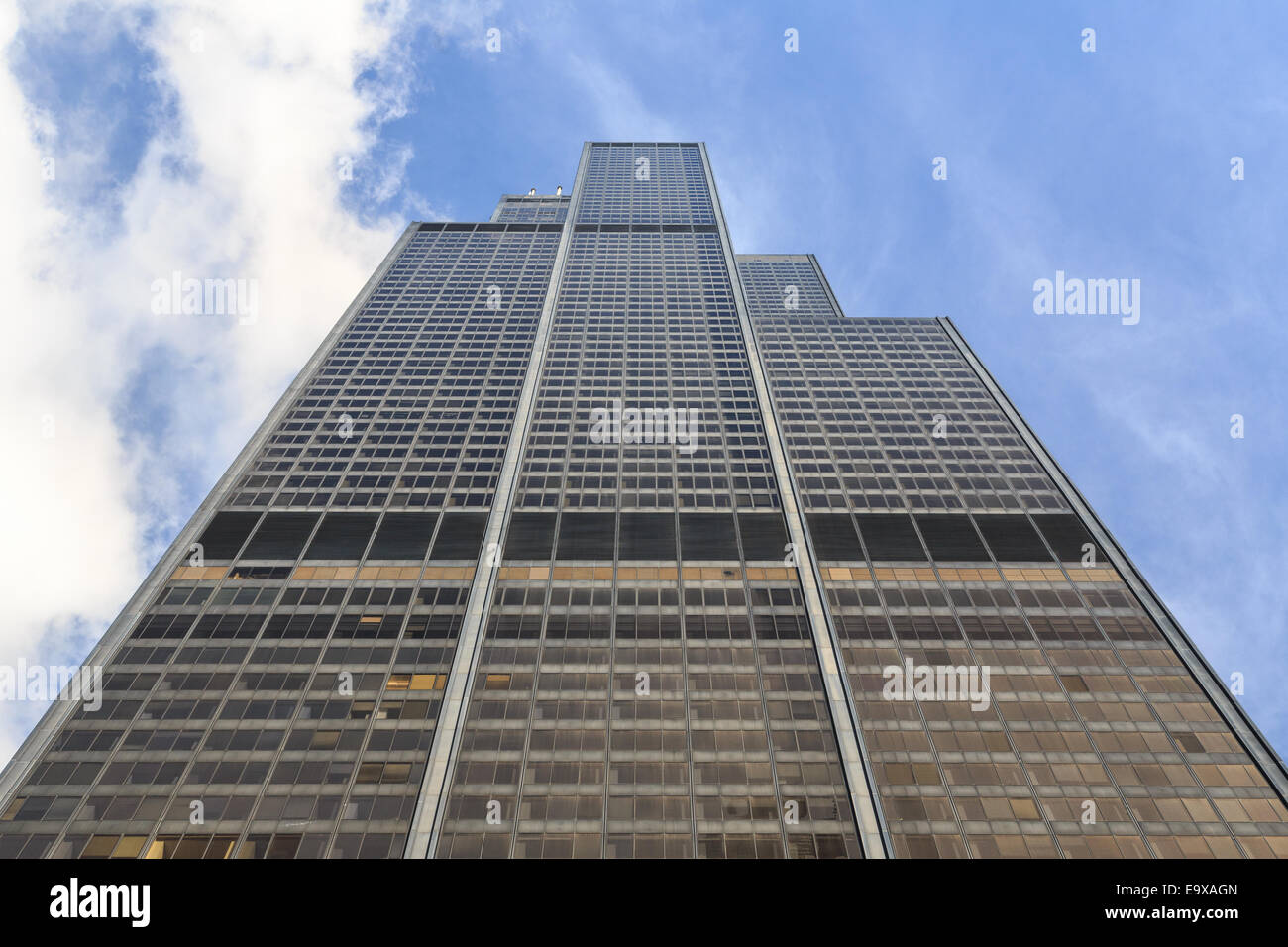 View up the facade of Willis Tower, highest building in Chicago, IL ...