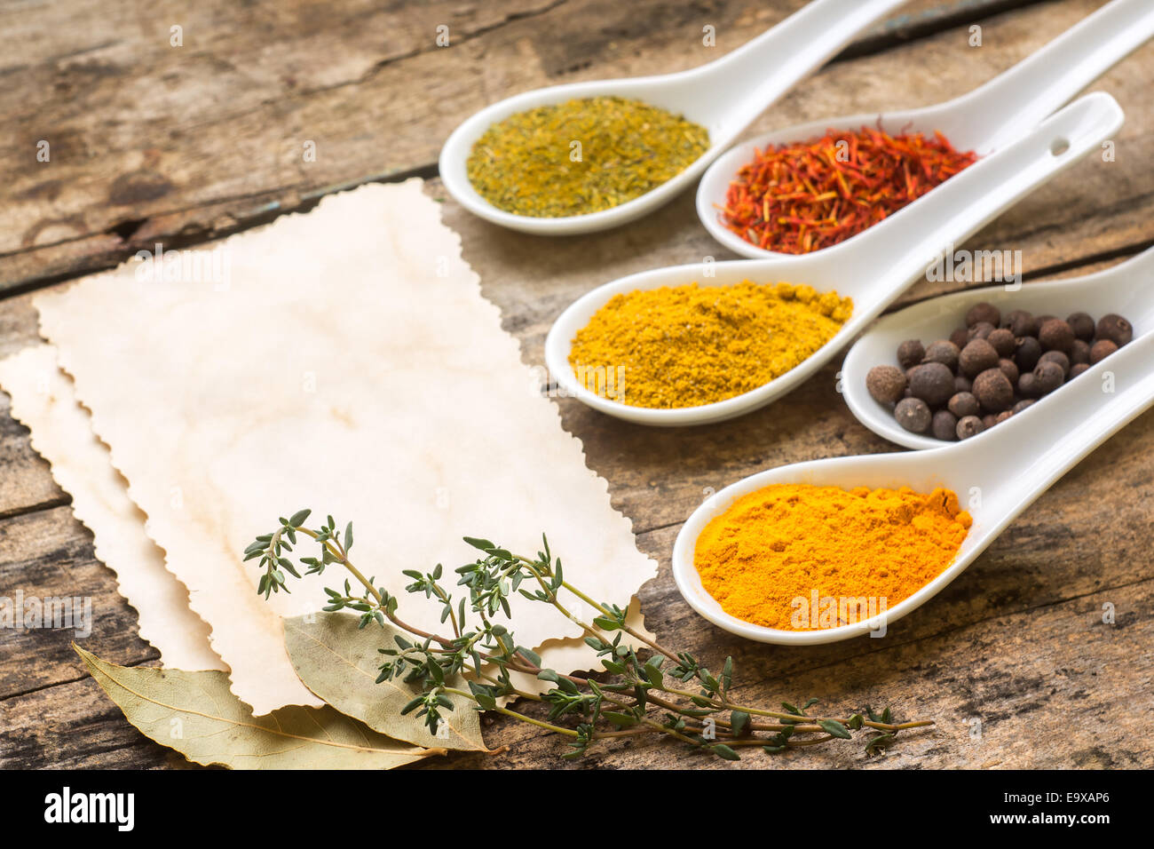 Spices recipe background. Diversity of seasonings with paper sheets on ...