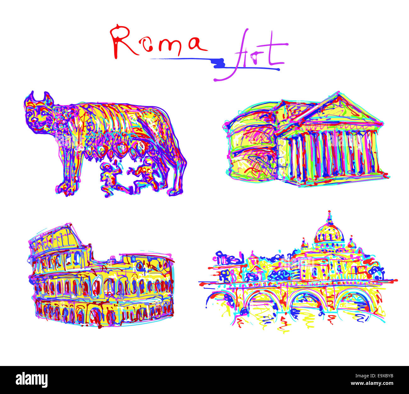 set famous place of Rome Italy, original drawing in rainbow colo Stock ...
