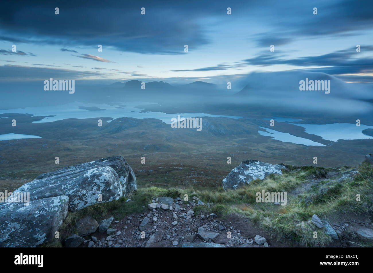 Long exposure of cloud streaming over Suilven and Cul Mor from Stac Pollaidh, Inverpolly, Assynt ...