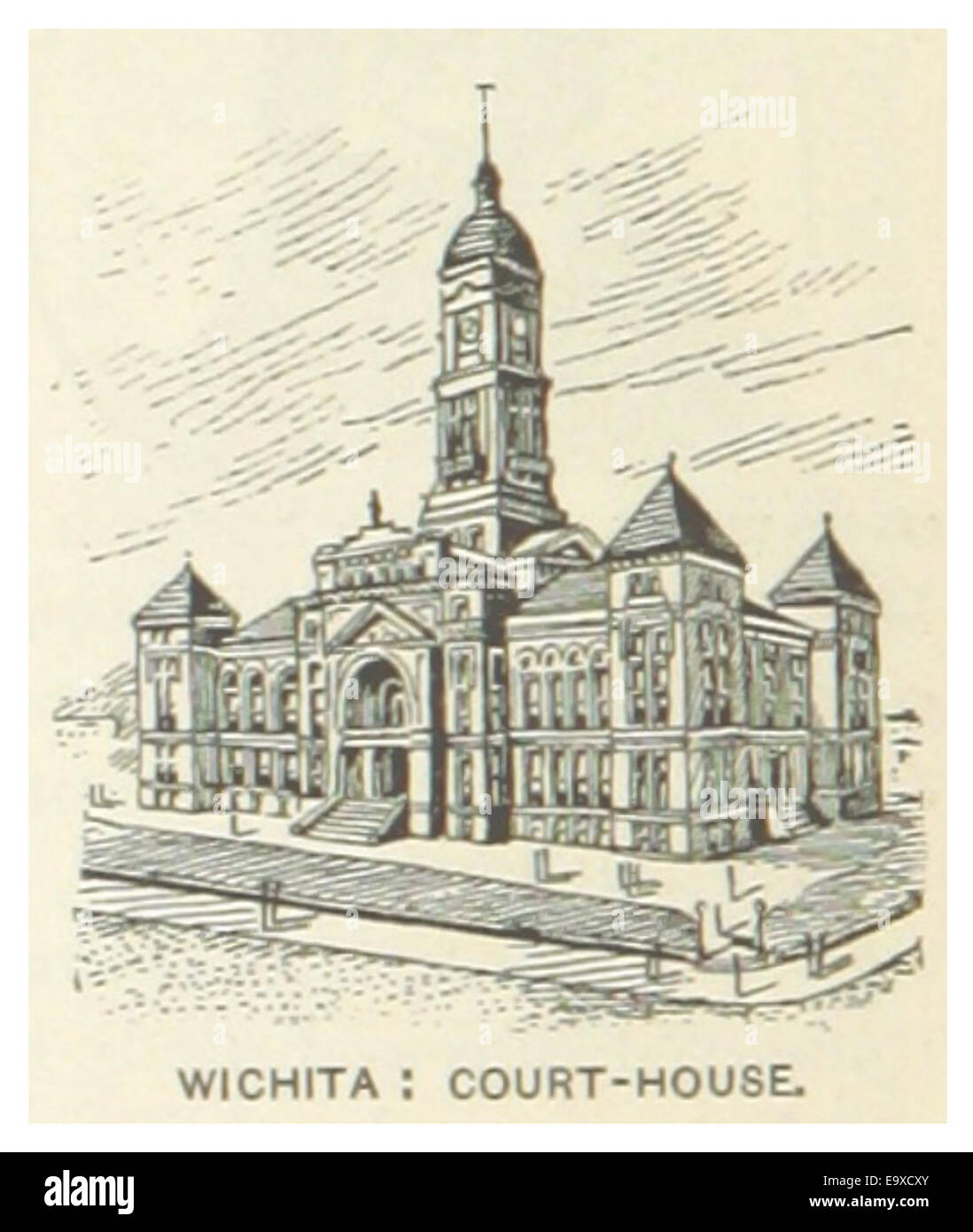 This 1891 image depicts the courthouse in Wichita, Kansas, showcasing ...