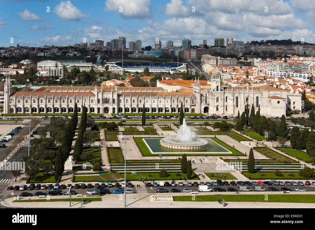 Horizontal aerial view of Jeronimos Monastery and surrounding gardens ...