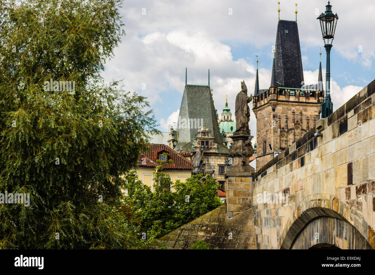 Architecture details, tower and sculpture of Charles Bridge in Prague ...
