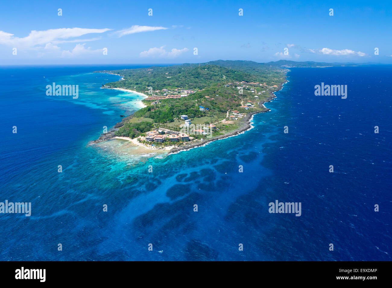 Aerial image of the end of Roatan island at West Bay Point Stock Photo ...