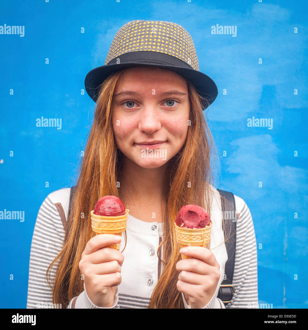 Portrait Of Nice Teen Girl With Ice Cream Blue Wall Background Portrait Of Nice Teen Girl With Ice Cream Blue Wall Background