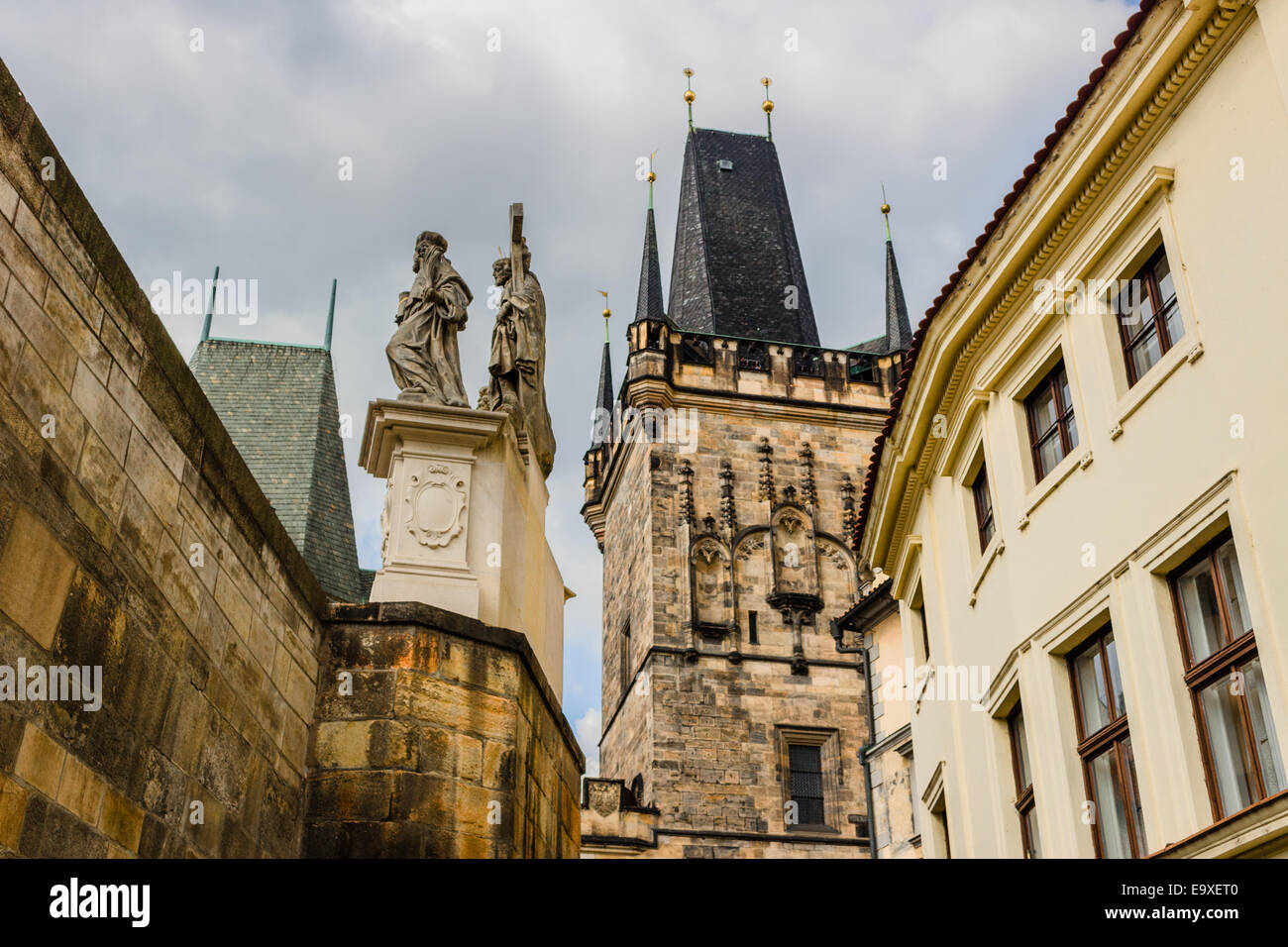 Architecture details, tower and sculpture of Charles Bridge in Prague ...