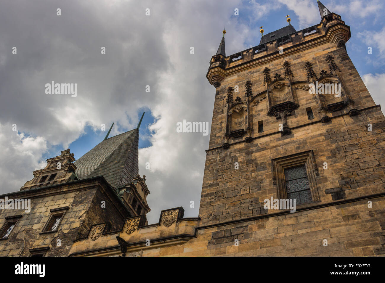 Architecture details, tower and sculpture of Charles Bridge in Prague ...