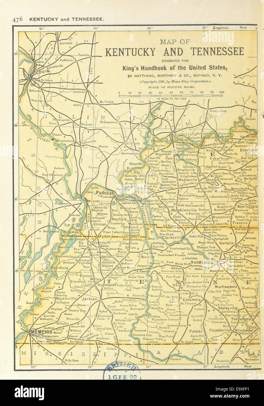 US-MAPS(1891) p478 - MAP OF KENTUCKY AND TENNESSEE (l Stock Photo - Alamy