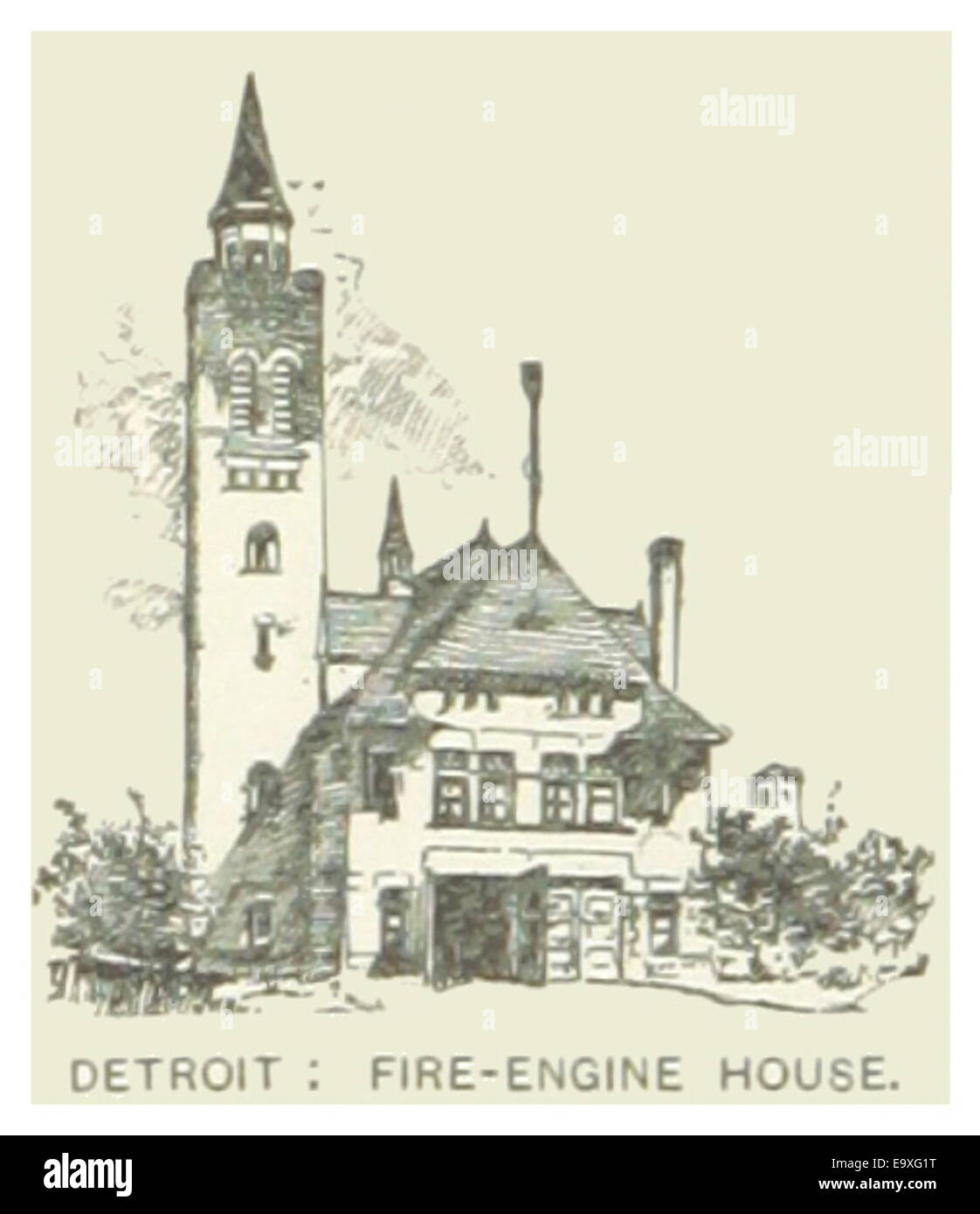 An 1891 illustration of a fire-engine house in Detroit. The image ...