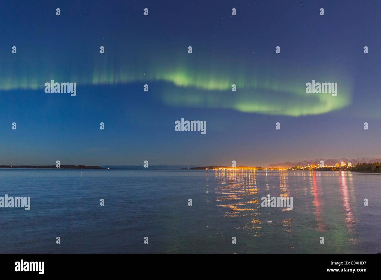 Northern lights over Anchorage and the high tide of Cook Inlet ...