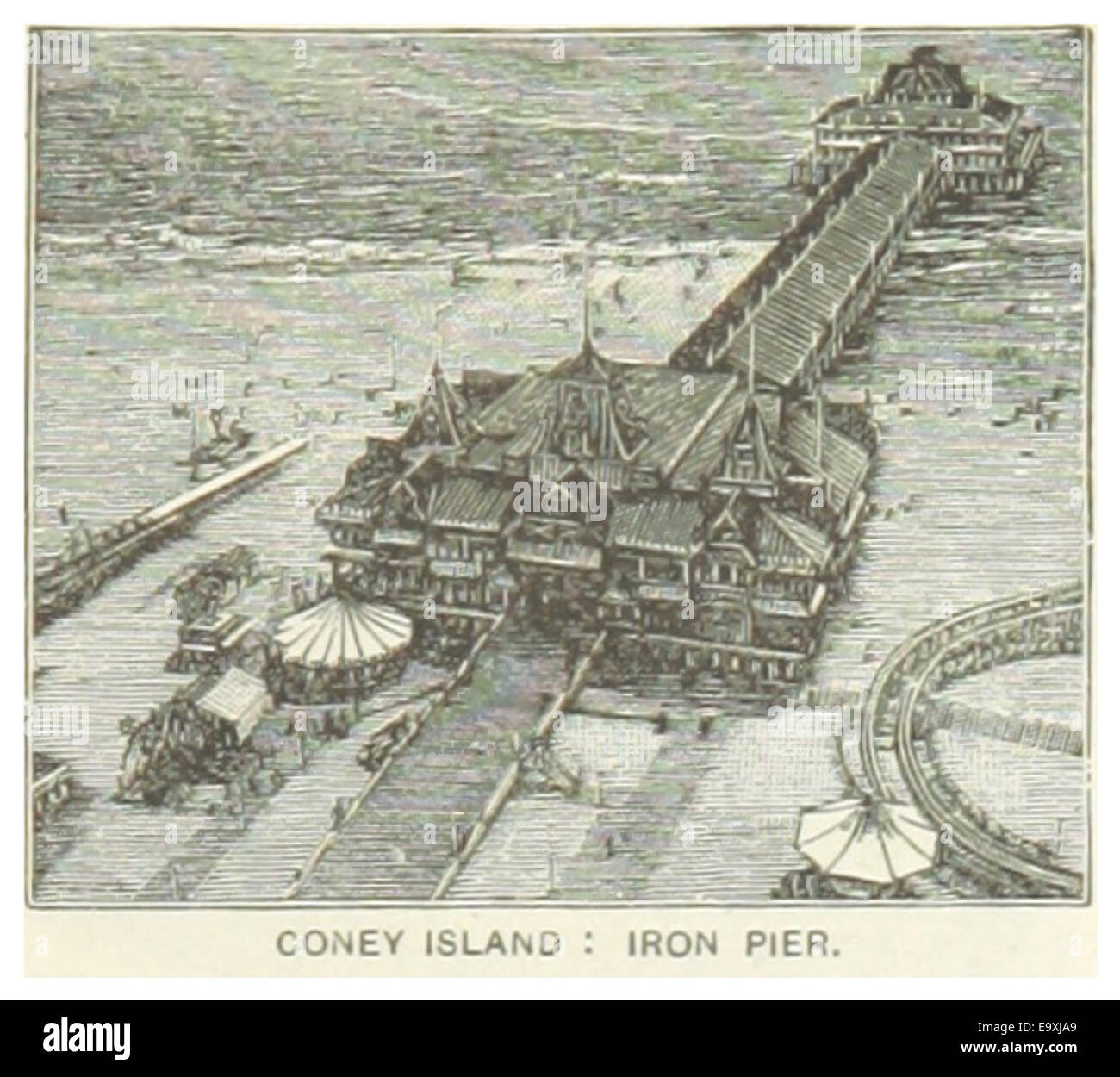 A 1891 illustration depicting Coney Island’s Iron Pier in New York City ...