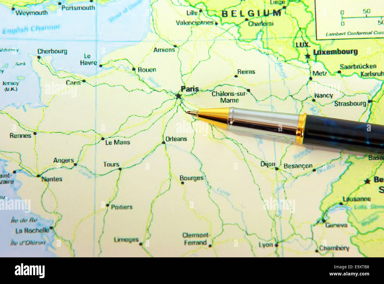 Pen indicating Paris city on France map Stock Photo - Alamy