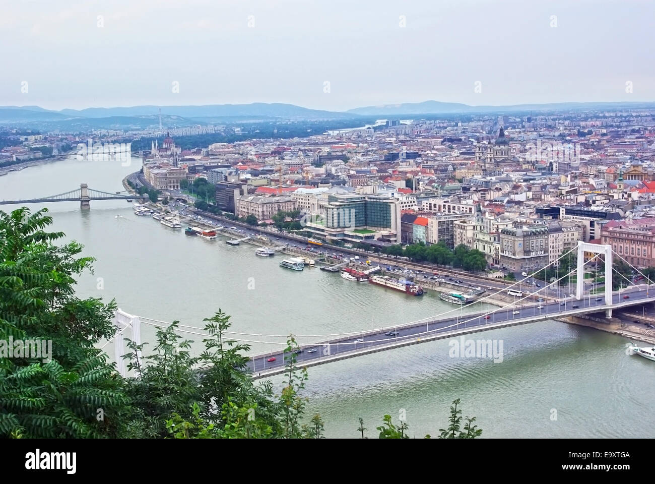 Aerial view of Budapest from Gellert hill, Danube river and Parliament ...
