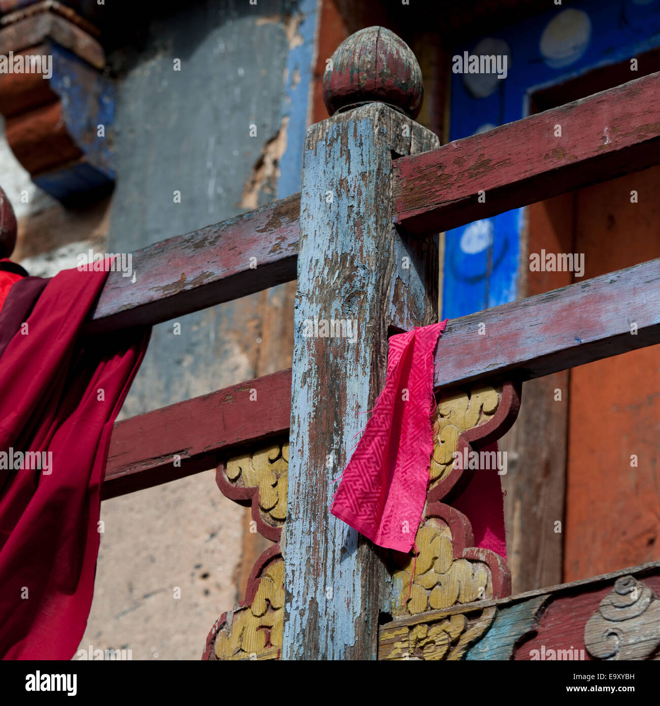 Cloth draped over a rail at the Wangdichholing Palace, Bhutan Stock ...