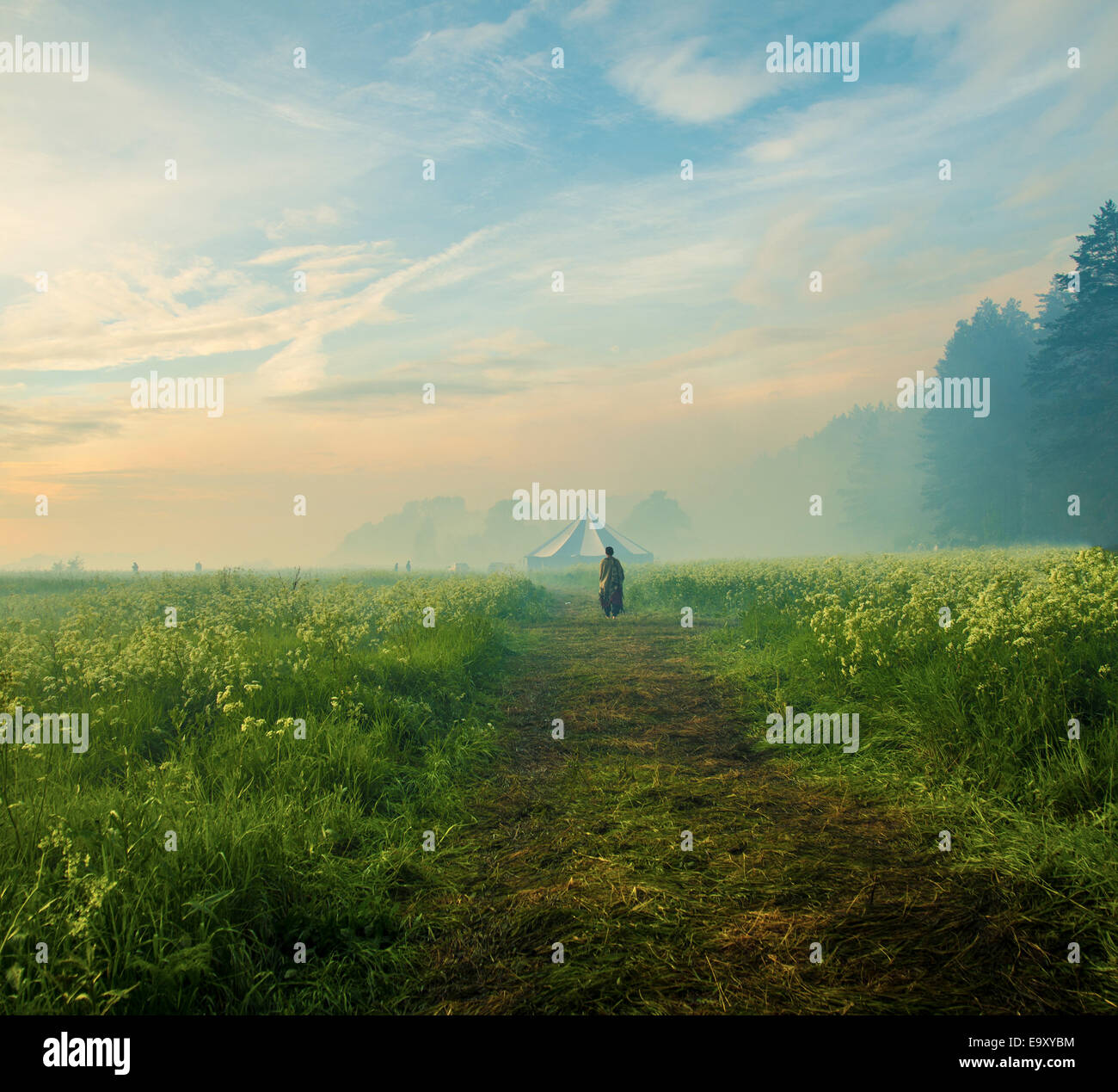 Person walking by path at Dreamy landscape Stock Photo - Alamy