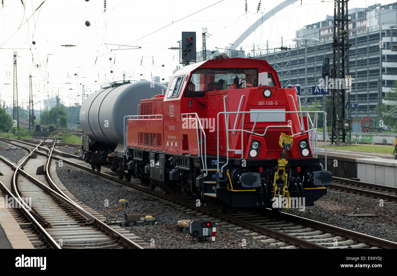 German Railways Diesel locomotive hauling a single wagon tanker through ...