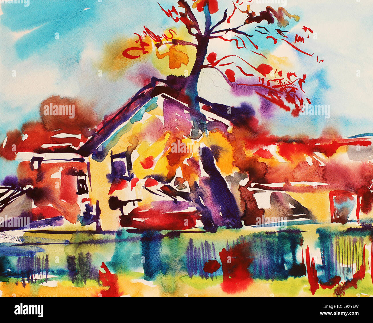 original watercolor abstract rural landscape Stock Photo - Alamy