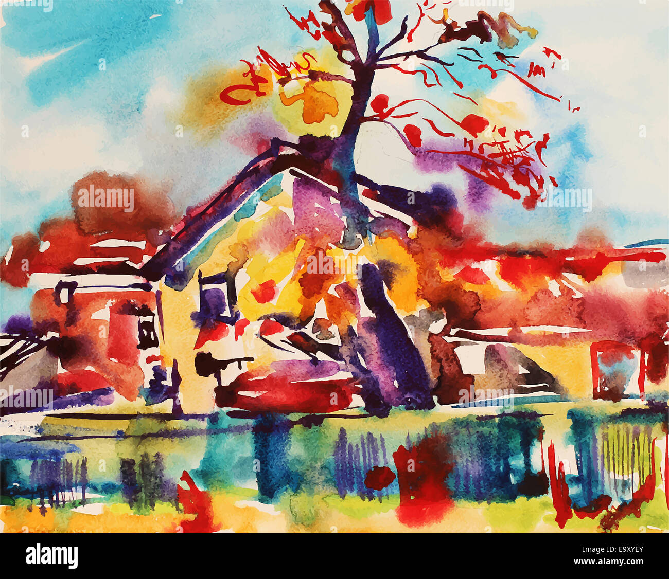 original watercolor abstract rural landscape Stock Photo - Alamy
