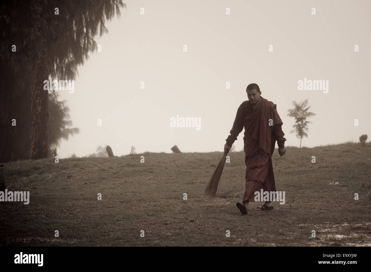 Monk walking with a broom at Talo Monastery, Punakha Valley, Punakha ...