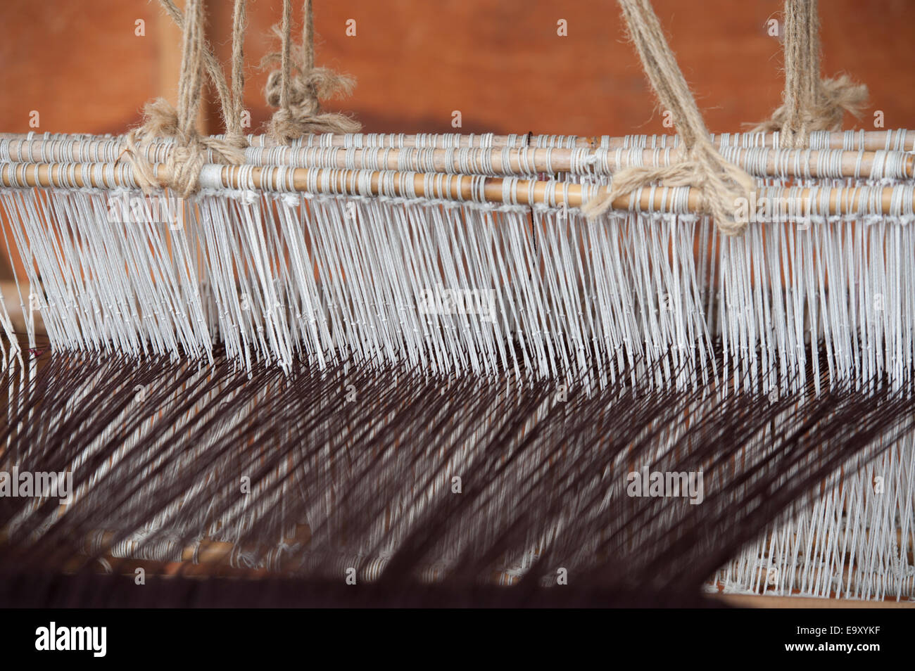 Cotton yarn on loom, Chhume Valley, Zungney, Bumthang District, Bhutan ...