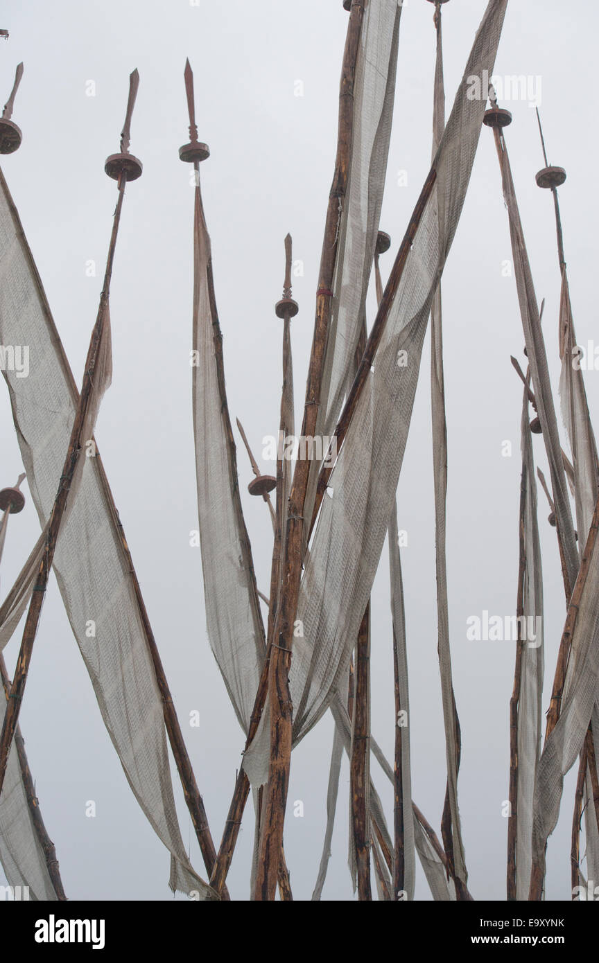 Low angle view of prayer flags at Talo Monastery, Punakha Valley ...