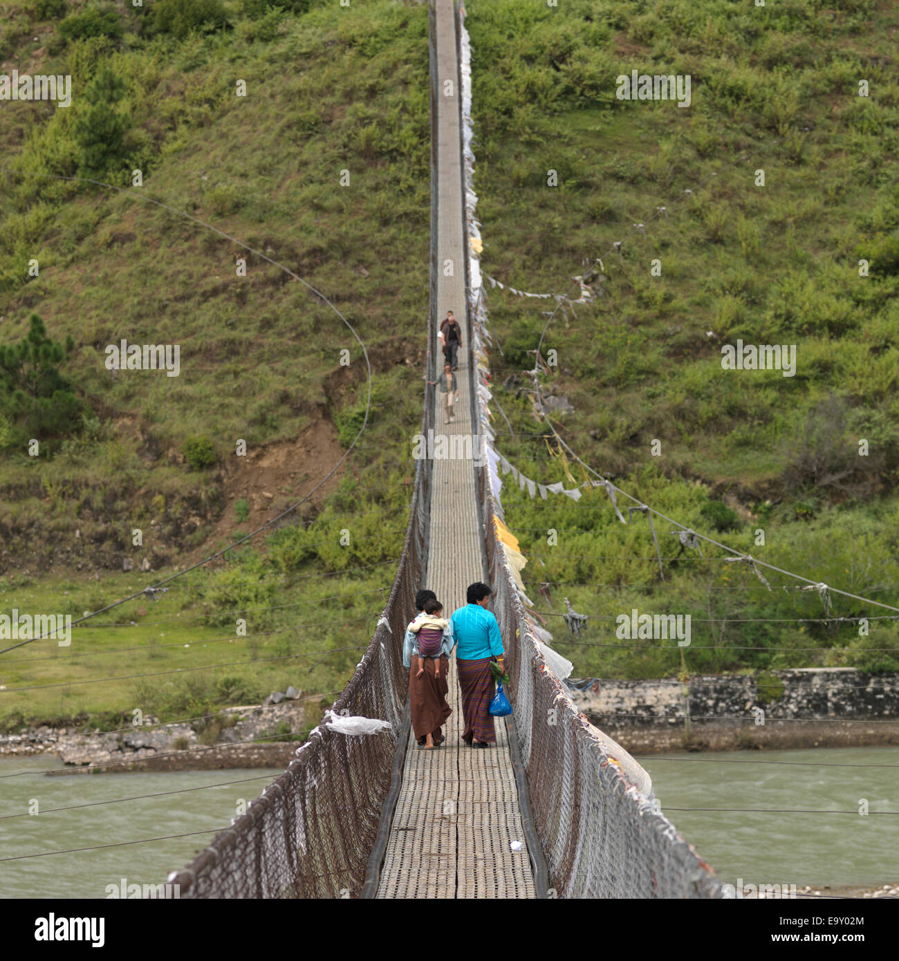 Suspension bridge across the Puna Tsang River, Punakha District, Bhutan ...