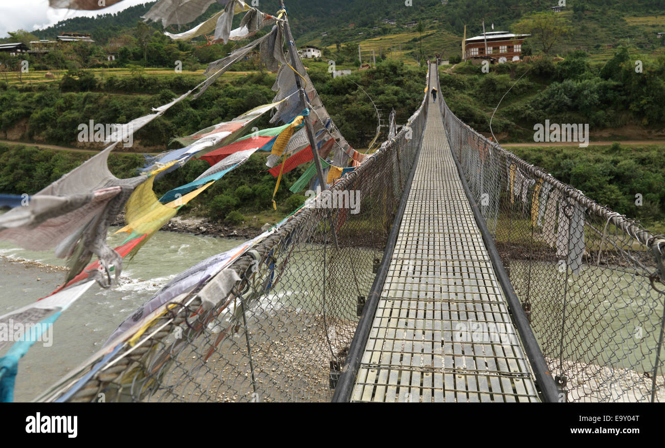 Suspension bridge across the Puna Tsang River, Punakha District, Bhutan ...