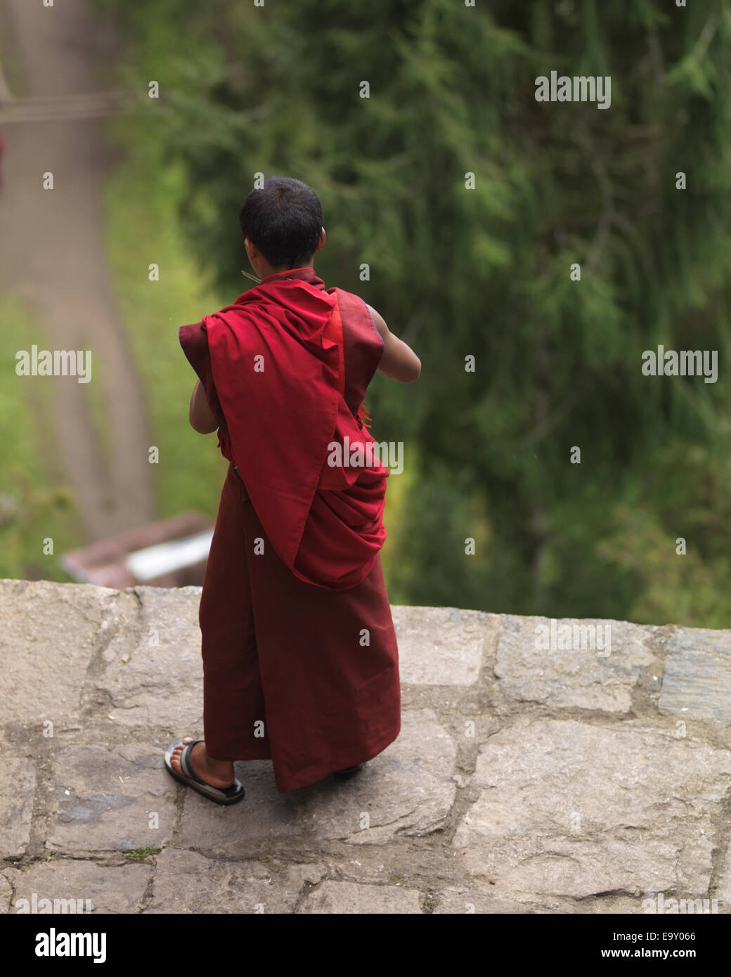 Monk standing on a stone wall at Tango Monastery, Thimphu, Bhutan Stock ...