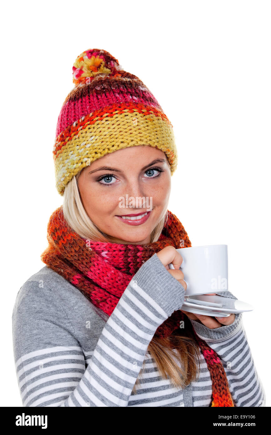 young woman with cap and hot tea Stock Photo - Alamy