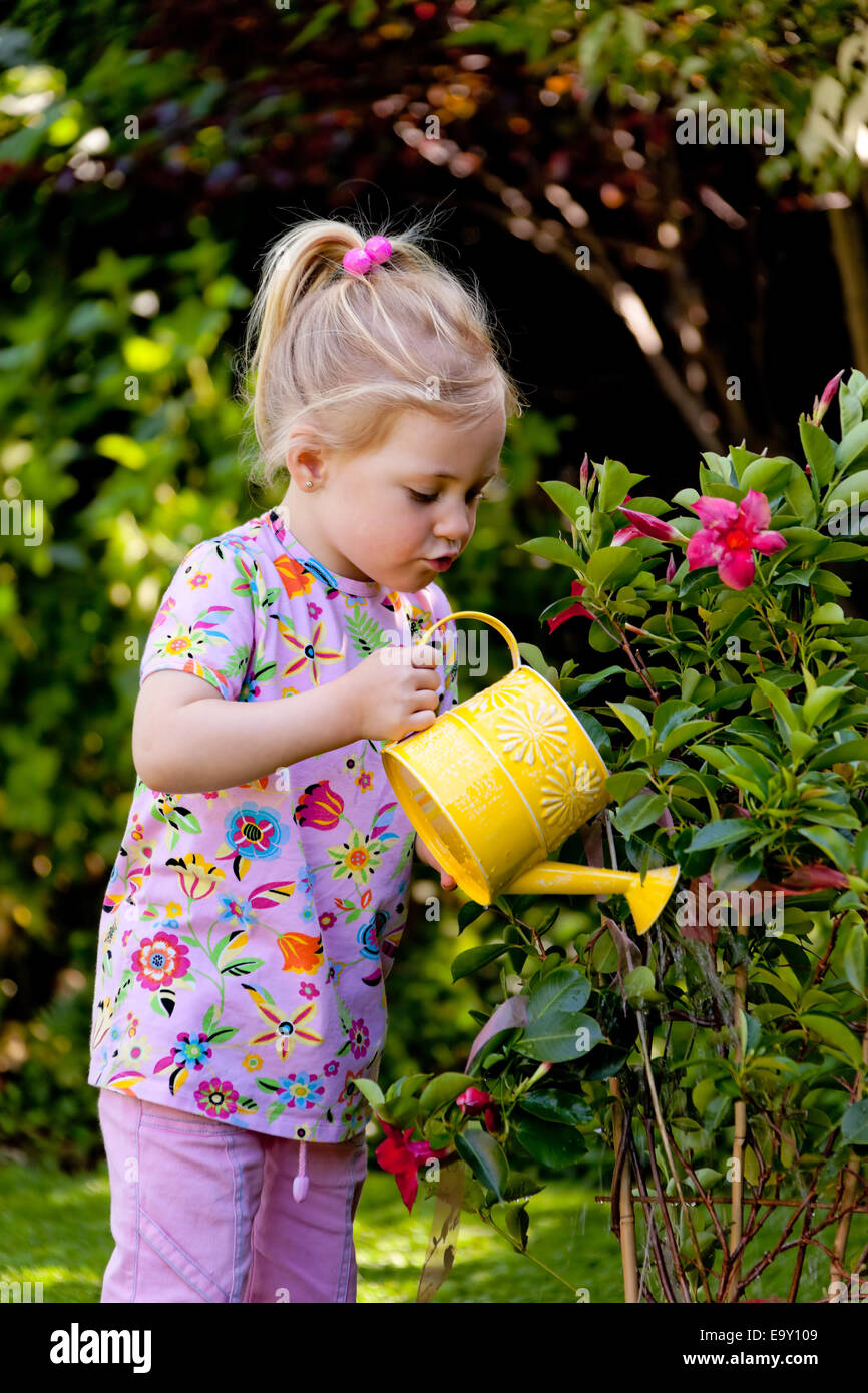 Small child with a watering can when watering the flowers Stock Photo ...