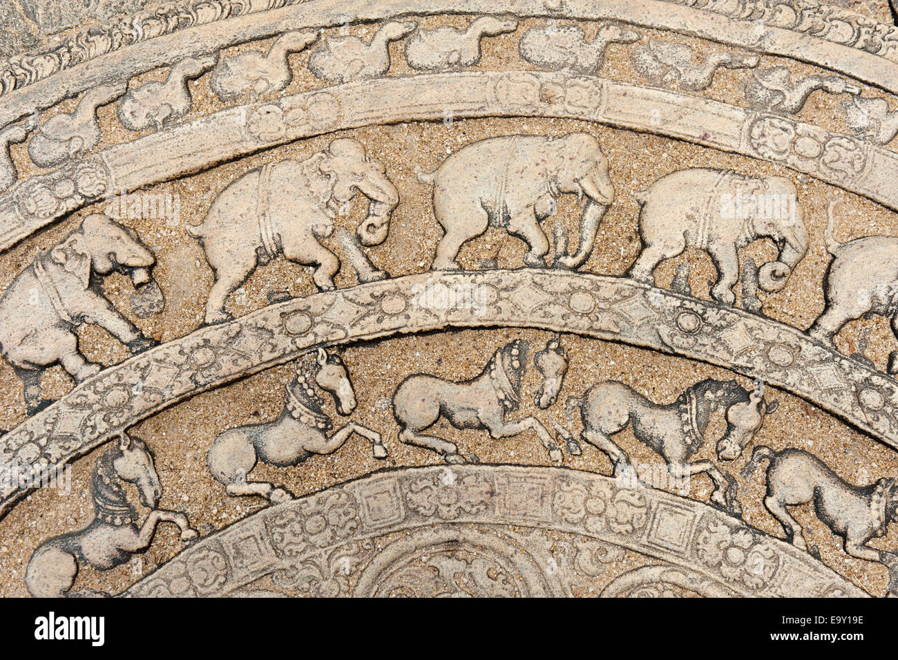 Detail, historic stone-relief, moonstone with animal representations ...