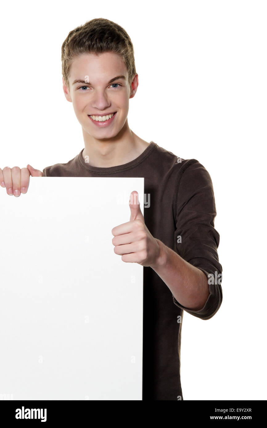 A young man with empty announcement poster Stock Photo - Alamy