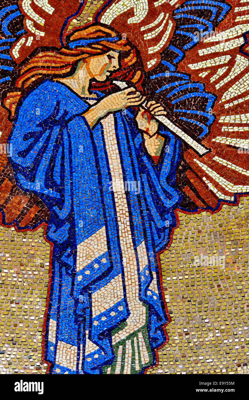 Glass mosaic, depicting a winged angel playing a recorder, Giggleswick ...