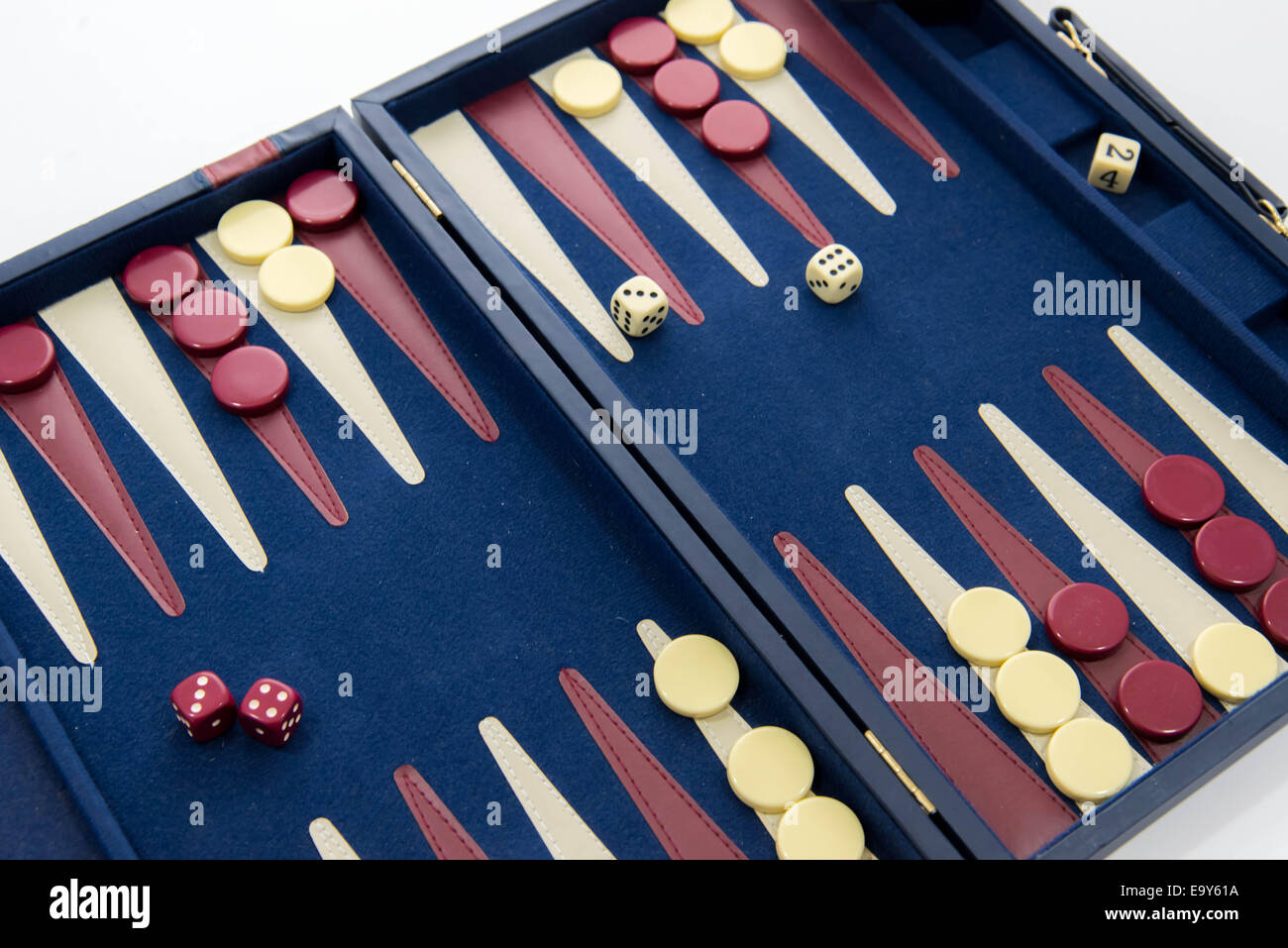 board games - red white and blue backgammon set in play Stock Photo - Alamy
